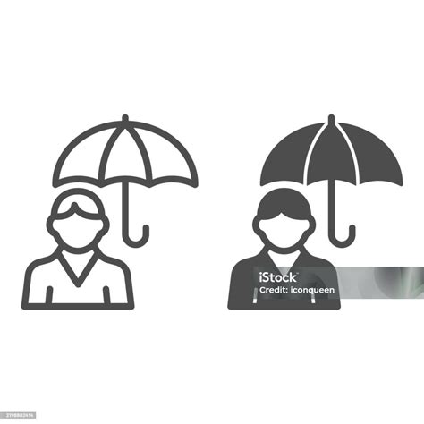 우산 라인과 단단한 아이콘 인간 구조 개념 아래 남자 벡터 그래픽 파라솔 흰색 배경에 비 보호 기호 모바일 또는 웹 디자인을위한 윤곽선 스타일 아이콘을 가진 인간 가리기에