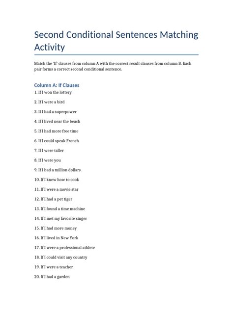 Second Conditional Matching Activity Pdf