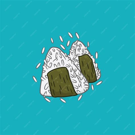 파란색 배경 일본 음식에 귀여운 주먹밥 그림 프리미엄 벡터