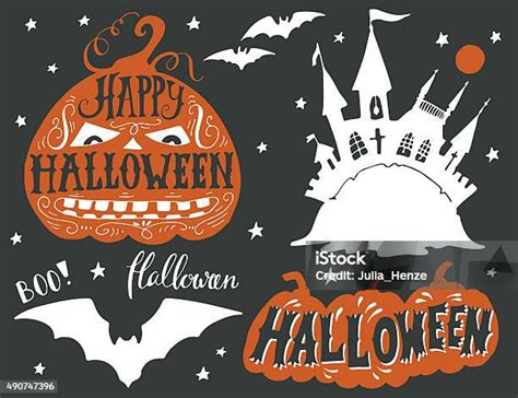 Koleksi Siluet Simbol Halloween Dengan Hand Letteri Ilustrasi Stok