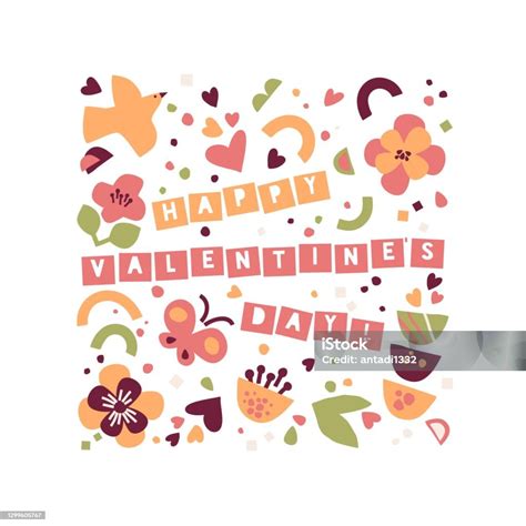 해피 발렌타인 데이 인사말 카드 꽃 나비 새 하트 서예 문자 추상적 인 손으로 그린 요소와 종이 꽃 콜라주 발렌타인 카드에 대한 스톡 벡터 아트 및 기타 이미지 Istock
