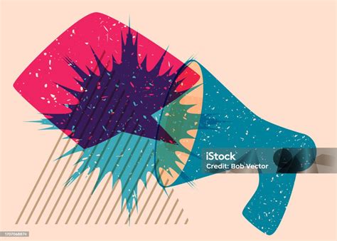 Risograph 확성기와 기하학적 모양의 말풍선 기하학 요소가 있는 트렌디한 Riso 그래프 디자인의 개체입니다 Brand Name Online Messaging