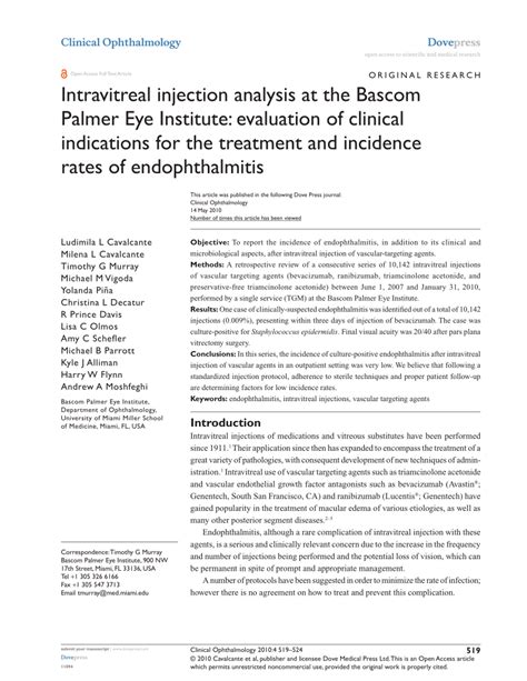 Pdf Intravitreal Injection Analysis At The Bascom Palmer Eye Institute Evaluation Of Clinical