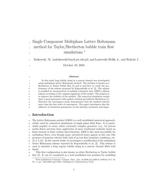 Pdf Single Component Multiphase Lattice Boltzmann Method For Taylorbretherton Bubble Train