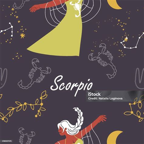 완벽 한 패턴 조디악 로그인 전갈자리 현대 세련된 여성 캐릭터 점성술 별자리의 아바타 피는 별자리 나뭇 가지 가지 편평한 손으로 그린 그래픽 벡터 그림입니다 개성 개념에