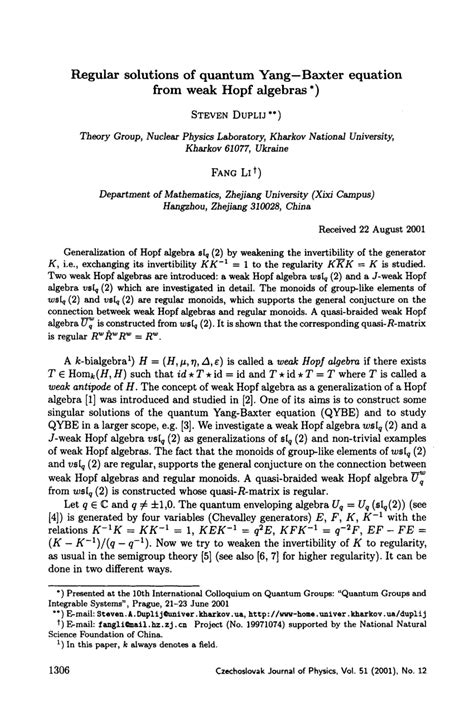 Pdf Regular Solutions Of Quantum Yang Baxter Equation From Weak Hopf