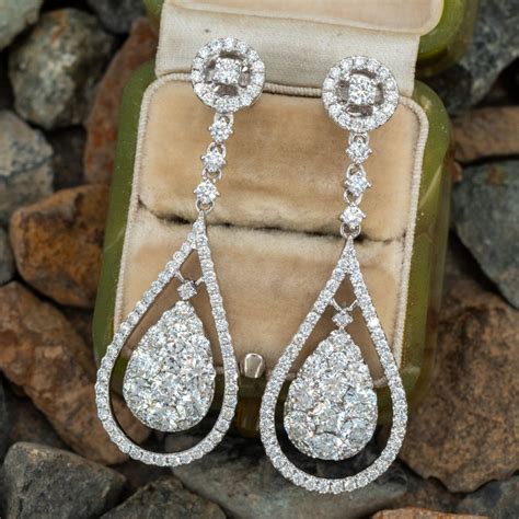 Drop Shape Diamond Dangle Earrings 14k White Gold