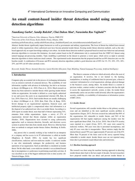 Pdf An Email Content Based Insider Threat Detection Model Using Anomaly Detection Algorithms