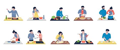 조리기구가있는 가정 부엌에서 요리하는 사람 사람은 저녁 식사를 요리하고 빵 음식 준비 식사를 제공하는 사람들 건강한 샐러드와 빵집 최근 벡터 장면 가사 집안일에 대한 스톡