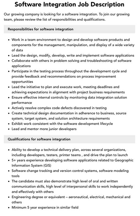 Software Integration Job Description Velvet Jobs