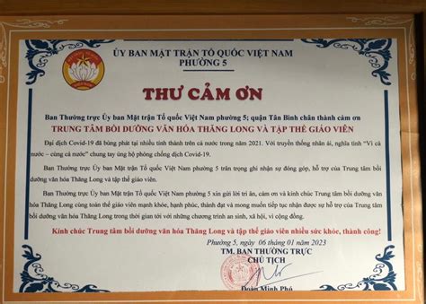 Thư Cám ơn Của Ủy Ban Mttqvn Phường 5 Qtân Bình Cho Tập Thế Giáo Viên