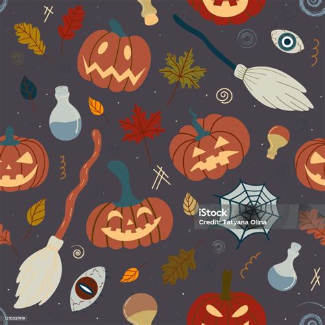 거미 마녀 빗자루 어두운 배경의 물약 마법 속성과 원활한 할로윈 호박 패턴 초대장 섬유 인쇄물 섬유용 디자인 벡터 일러스트레이션 10월에 대한 스톡 벡터 아트 및 기타