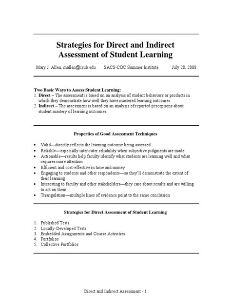 Direct And Indirect Assessment Methods Pdf Test Assessment