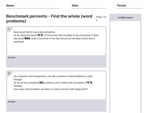 Benchmark Percents Find The Whole Word Problems Worksheets Pdf 6