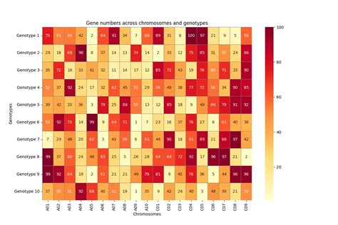 heatmap for gene numbers across chromosomes and genotypes using… aria