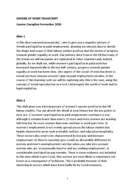 Gender At Work Transcript Gender At Work Transcript Joanne Conaghan