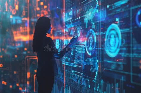 woman interacting with futuristic interface stock illustration