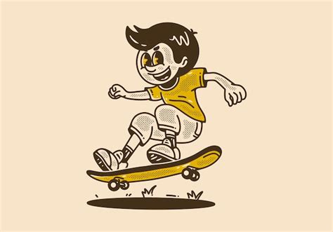 스케이트보드를 타고 점프하는 남자의 마스코트 캐릭터 디자인 프리미엄 벡터