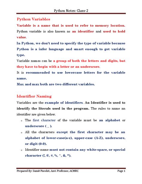 Python Notes Class 2 Understanding Variables And Identifiers Studocu