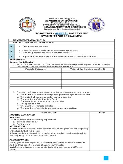 Philippine Grade 11 Math Lesson On Random Variables Pdf Random