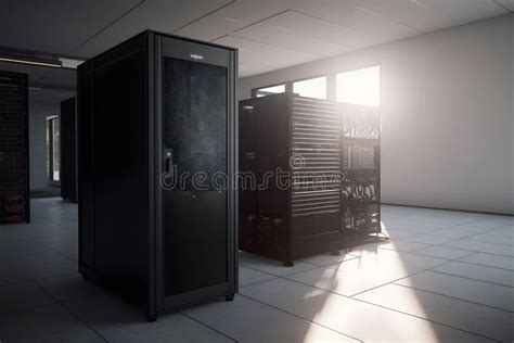 shot of data center with multiple rows of fully operational server