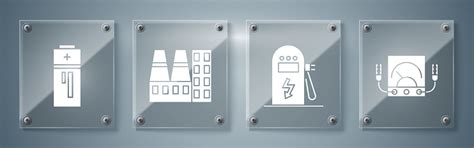 암페어 미터 멀티미터 볼트미터 전기 자동차 충전소 발전소 플랜트 및 공장 및 배터리를 설정합니다 정사각형 유리 패널 벡터 가득 찬에 대한 스톡 벡터 아트 및 기타 이미지