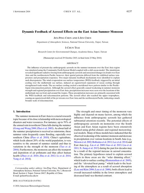 Pdf Dynamic Feedback Of Aerosol Effect On The East Asian Summer Monsoon