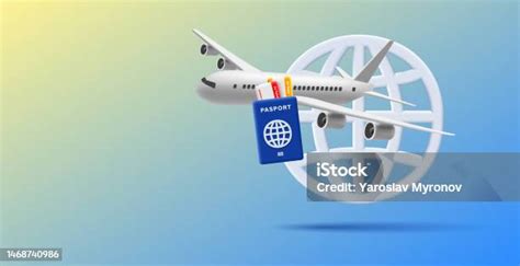여권과 탑승권이 있는 3d 비행기 그림이 큰 볼륨 세계 아이콘 항공사 회사 앞에 있다 3차원 형태에 대한 스톡 벡터 아트 및 기타 이미지 3차원 형태 개념 개념과