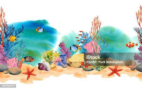 밝은 완벽 한 수채화 테두리 열대어 돌 해초가 있는 산호초 수중 풍경입니다 기념품 엽서 포스터 디자인 및 인쇄의 장식 패턴 0명에 대한 스톡 벡터 아트 및 기타 이미지