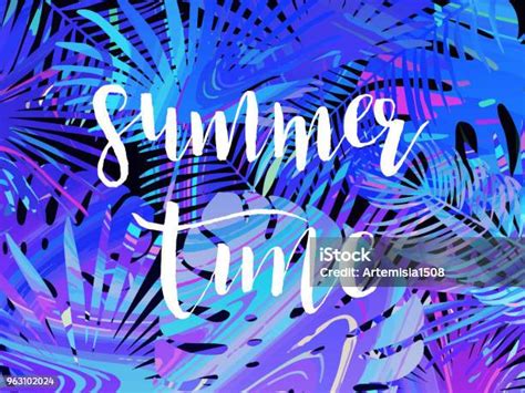 이국적인 손바닥 여름 열 대 잎 배경 색상 자외선 나뭇잎 파티 전단 템플릿입니다 필기 글자입니다 벡터 일러스트 레이 션 0명에 대한 스톡 벡터 아트 및 기타 이미지 Istock