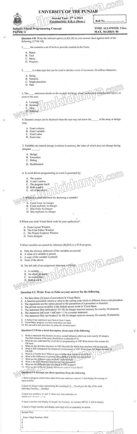past paper bba 2nd year punjab university visual programming concept