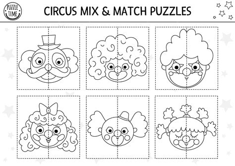 어릿광대 얼굴이 있는 벡터 서커스 흑백 믹스 앤 매치 퍼즐 일치하는 어뮤즈먼트 쇼 라인 활동 또는 색칠 페이지 무대 공연자와