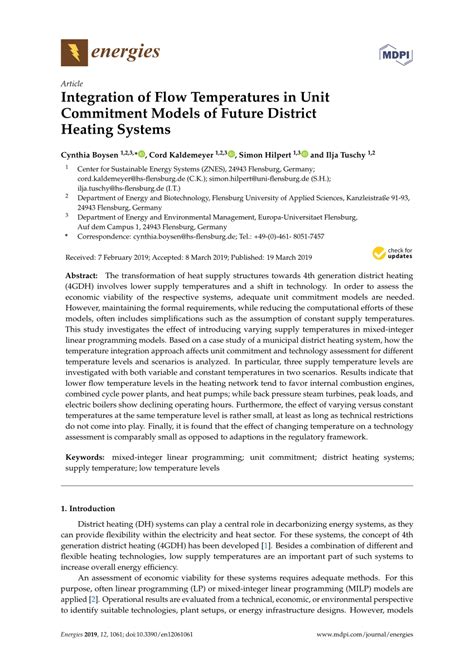 Pdf Integration Of Flow Temperatures In Unit Commitment Models Of Future District Heating Systems