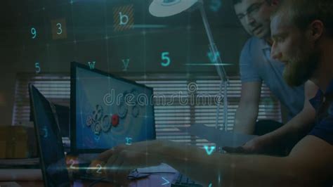 Animation Of Cyber Attack Warning Over Scientists Using Computer Stock