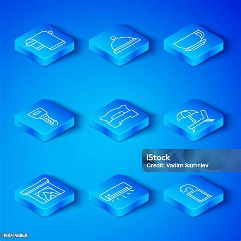 세트 라인 인테리어 벽난로 침실 에어컨 우산이 있는 선베드 커피 컵 호텔 도어록 키 수건 걸이 및 방해하지 마십시오 아이콘 벡터