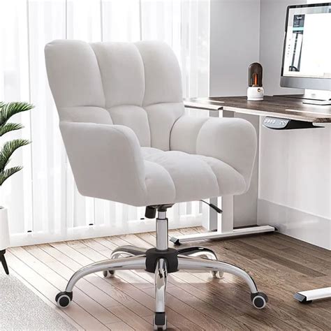 Modern White Office Chair Upholstered Cotton And Linen Swivel Task Chair