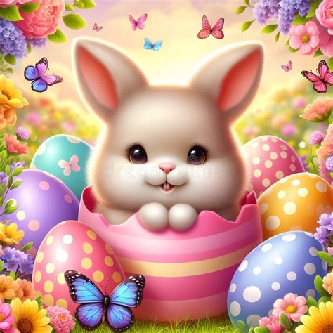 A Smiling Easter Bunny Emerges From A Pastel Easter Egg Stock Illustration Illustration Of