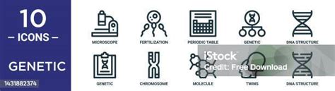 유전자 윤곽선 아이콘 세트는 얇은 선 현미경 주기율표 Dna 구조 염색체 쌍둥이 Dna 구조 보고를 위한 유전 아이콘 프레소젠테이션 도표 웹 디자인을 포함한다 0명에 대한