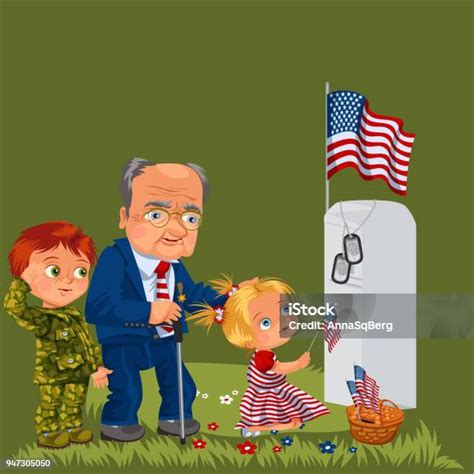 군 묘지에서 아이 들과 함께 기념 일 성인 남자 베테랑 소년과 소녀 메모리 흰색 기념비와 무덤 근처 전쟁 영웅을 기억 미국 국기 벡터 일러스트 레이 션 4에 대한 스톡 벡터