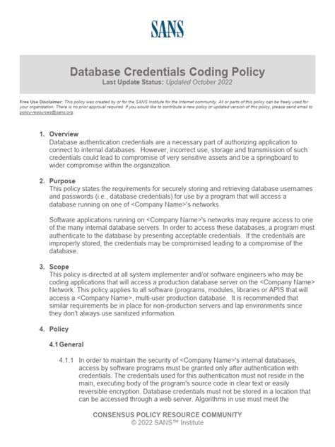 Database Credentials Policy Pdf Password Databases