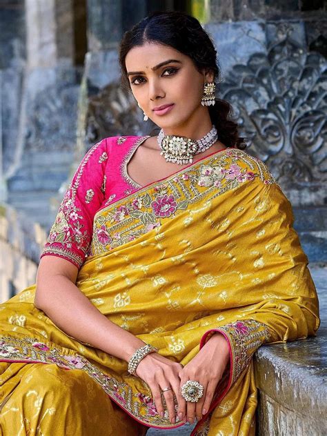 Mustard Color Embroidered Banarasi Silk Saree Unstitched Blouse