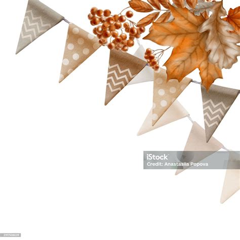 깃발의 화환과 단풍 참나무 산 재 호박 추수 감사절 장식에 대한 딸기의 단풍의 코너 가을 템플릿 투명한 배경에 수채화 클립아트 10월에 대한 스톡 벡터 아트 및 기타 이미지