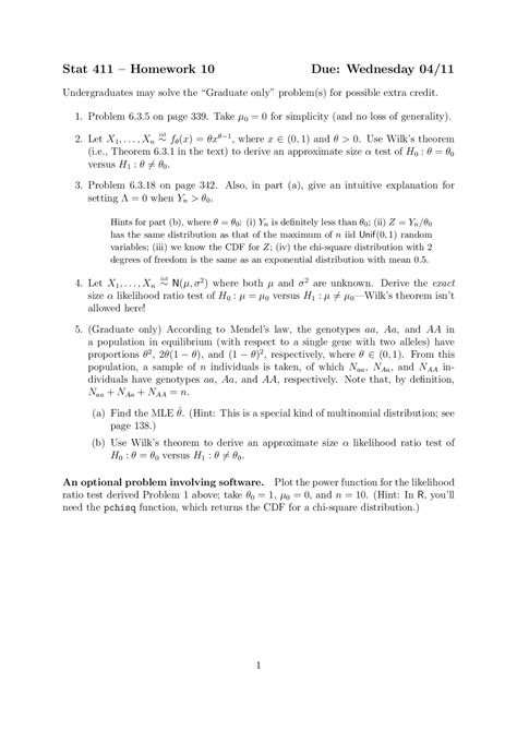 statistical theory homework 10 with solutions stat 411 docsity