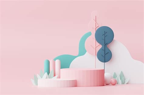 연단 스탠드 플랫폼 풍경이 있는 자연 꽃 잎과 나무 식물의 3d 추상 파스텔 프리미엄 사진