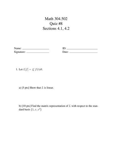 Practice Quiz 8 Linear Algebra Math 304 Docsity