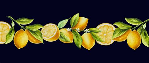 밝은 녹색 잎과 꽃이있는 신선한 익은 레몬과 수채화 테두리 손으로 그린 컷 감귤류 슬라이스는 어두운 배경에 그림을 그립니다 디자이너 엽서 파티 초대장 포장지 표지 포스터 및