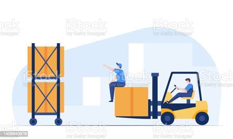 창고 직원은 유니폼 로딩 소포 상자를 착용하고 창고에서 제품을 확인합니다 지게차에 대한 스톡 벡터 아트 및 기타 이미지 지게차 고객 서비스 담당자 산업 Istock