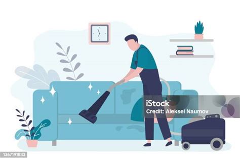 진공 청소기로 더러운 소파를 청소하는 작업자 남성 가정부 는 소파의 절반을 진공 청소기 청소하기에 대한 스톡 벡터 아트 및 기타 이미지 청소하기 소파 아파트 Istock