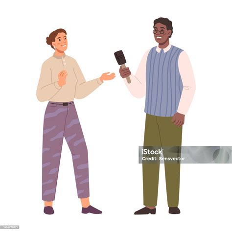 기자 회견에서 유명인을 인터뷰하는 기자 남성 기자와 인터뷰를 하는 사업가 또는 유명인 캐릭터 기자 회견 라이브 보고서 발표자 및