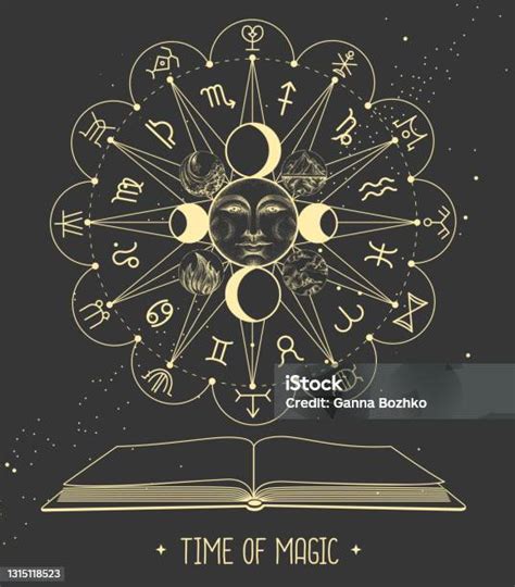 공간 배경에 조디악 표지판이있는 점성술 바퀴가있는 현대 마법 마술 오픈 북 아래 및 상부 조디악 별자리 벡터 일러스트레이션 점성술 기호에 대한 스톡 벡터 아트 및 기타